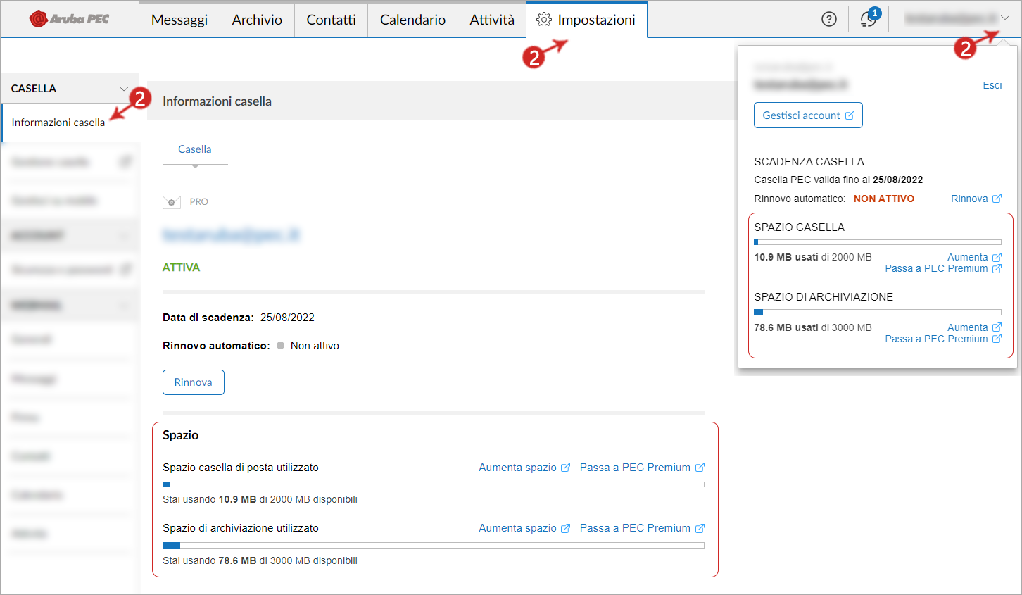 Come aumentare lo spazio della casella PEC da Webmail PEC | Guide pec.it