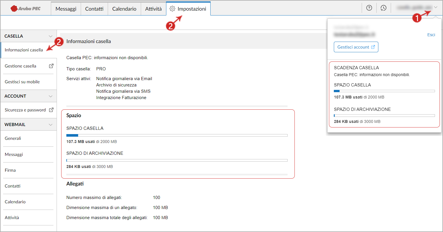 WebMail PEC Smart: monitorare lo spazio utilizzato | Guide pec.it